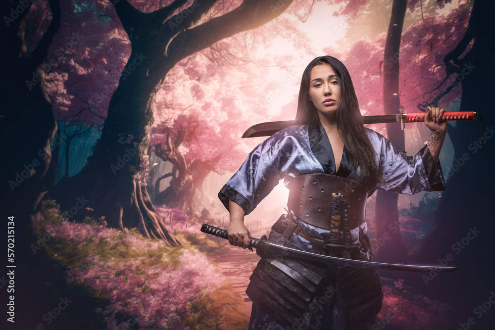 Pretty samurai woman with two katanas dressed in kimono in blooming ...