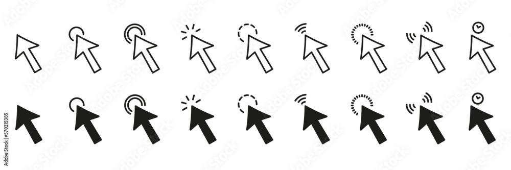 Mouse Pointer Line and Silhouette Icon Set. Computer Cursor Arrow Pictogram Collection. Digital ...