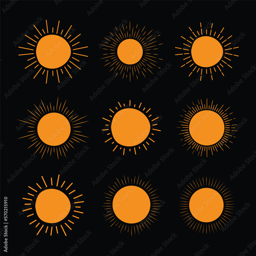 set of hand drawn Sun icon, line art sun vector, summer Sunrise Sunset ...