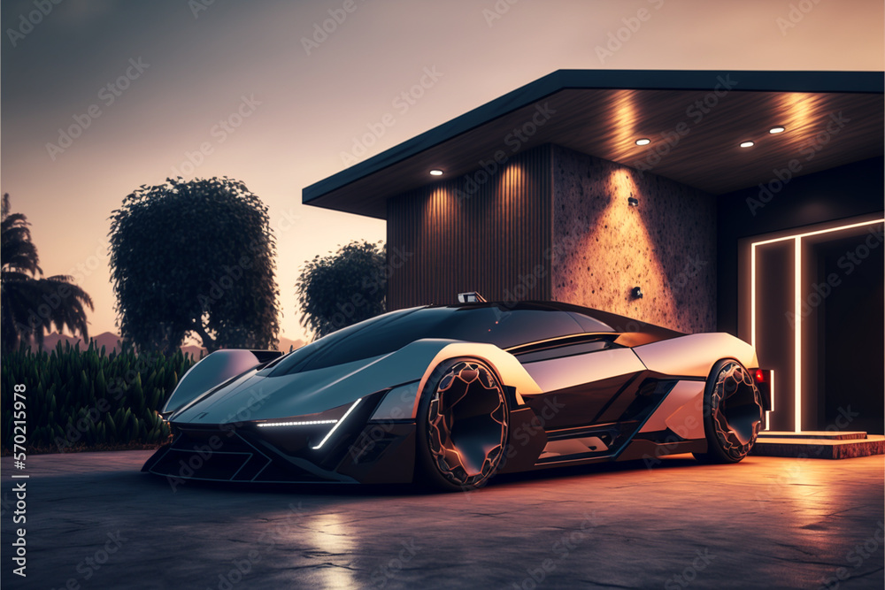 futuristic sportscar side profile perfectly center, on street in front ...