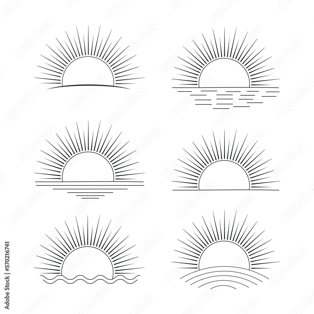 set of hand drawn Sun icon, line art sun vector, summer Sunrise Sunset ...