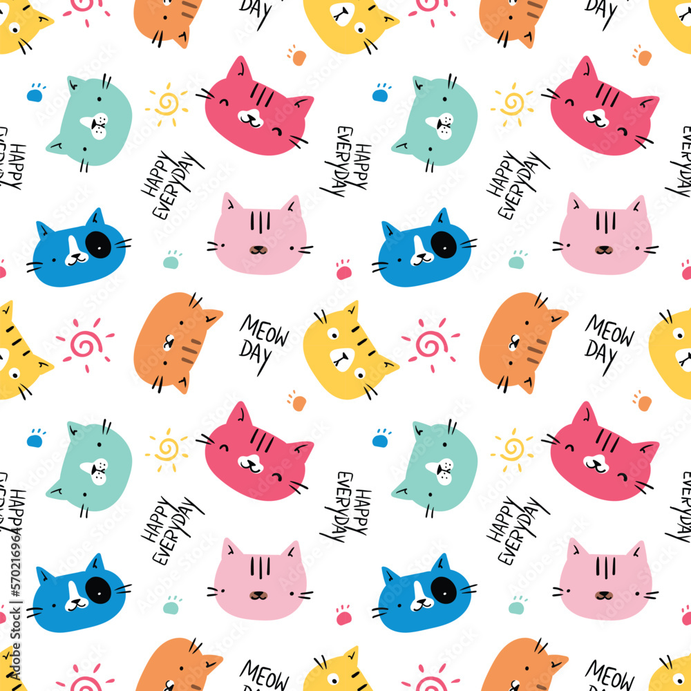 Seamless Pattern with Cartoon Cat Face Design on White Background Stock Vector | Adobe Stock