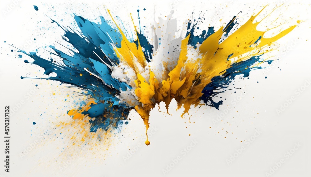 arrière plan, explosion de couleur, poudre et peinture jaune, bleu et ...