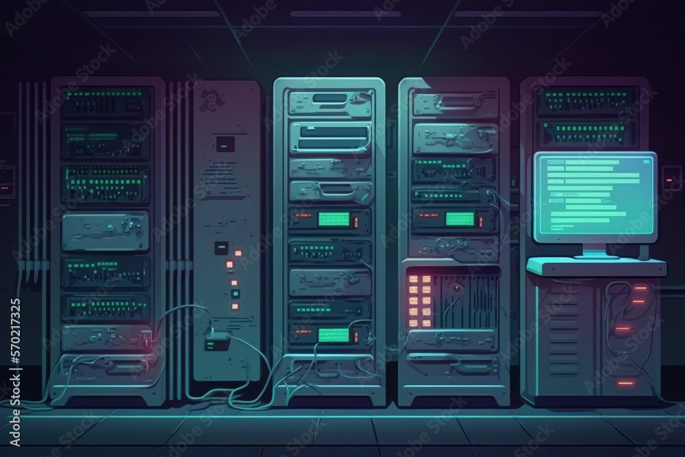 image of computer server room with interface screens and information ...