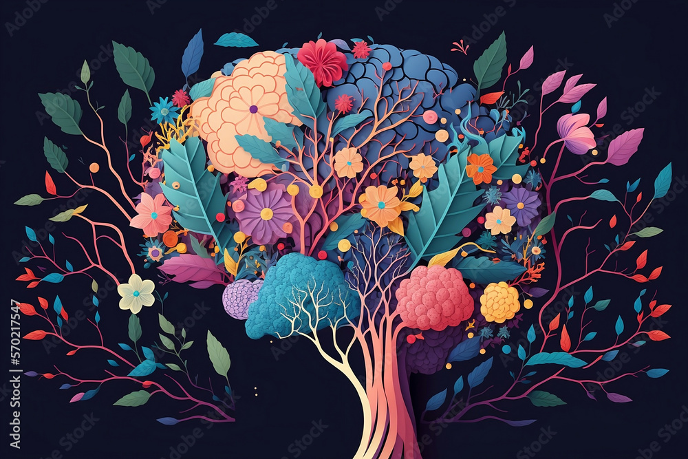 Human brain tree with flowers, self care and mental health concept ...