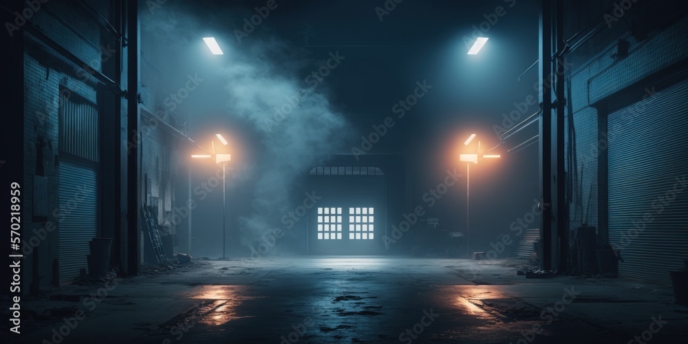 An empty dark scene with a dark blue background, a dark street, and ...