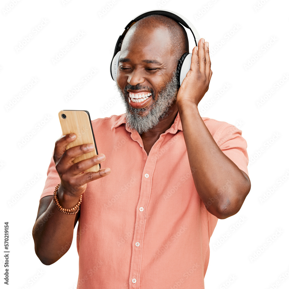 An African American man listening to music using wireless headphones. A ...