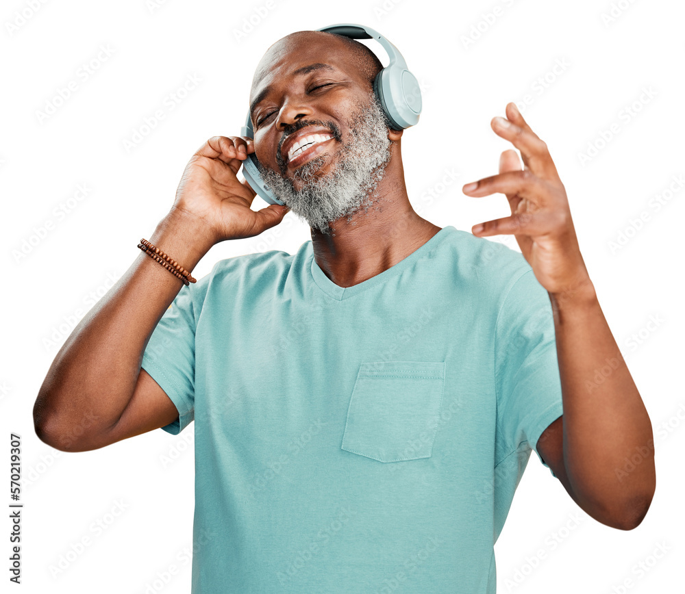 Foto de A joyous mature African American man wearing headphones and ...