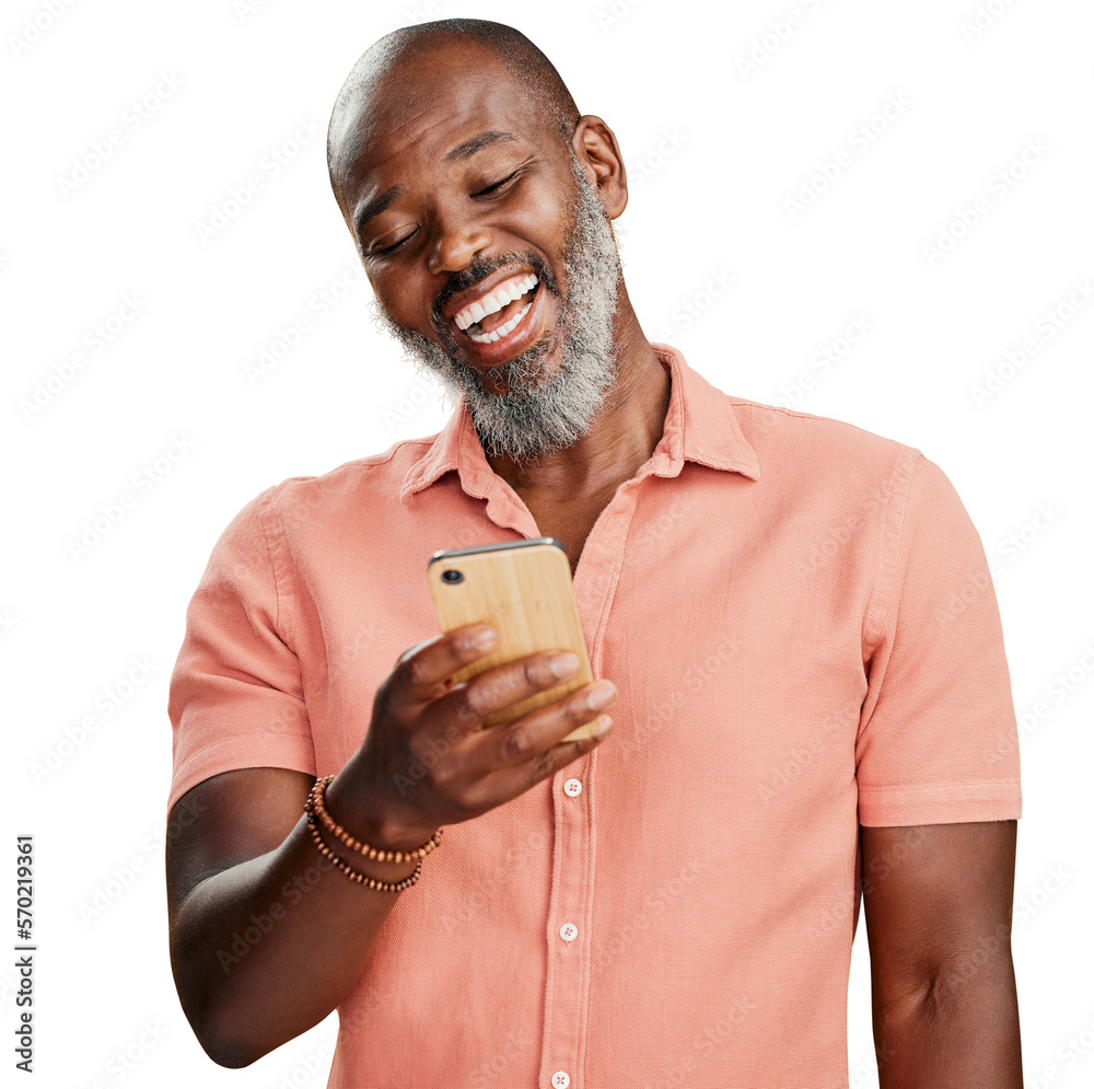 A happy African American man holding and using his cellphone to browse the internet. Smiling ...