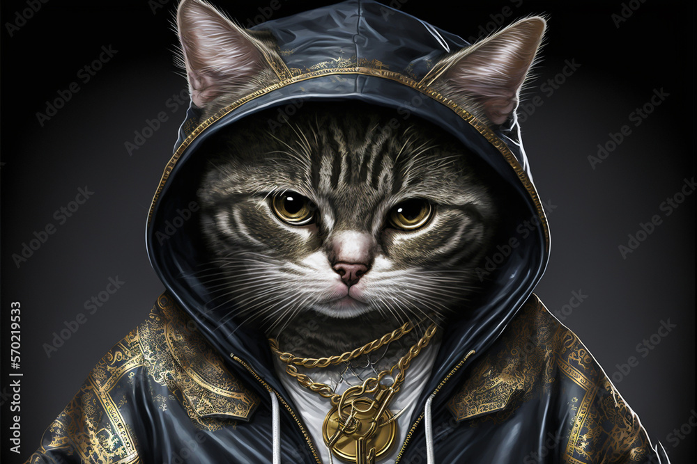 Portrait of cat wearing in streetwear. Animal wears Hip hop street ...