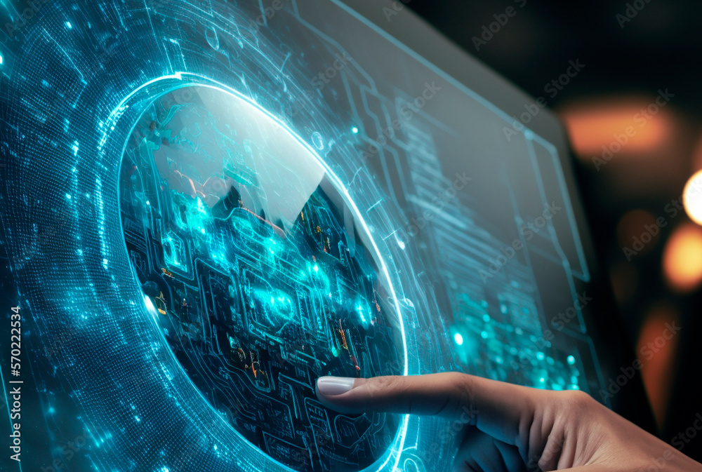 generated by artificial intelligence, Hand of man poing on AI interface ...