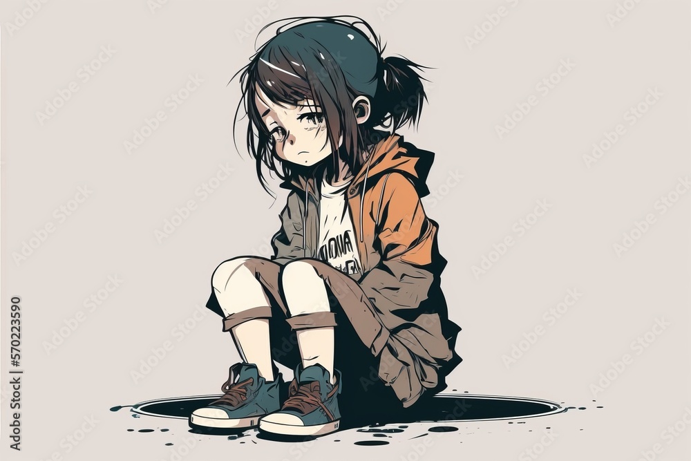Sad and depressed girl sitting on the floor vector illustration ...