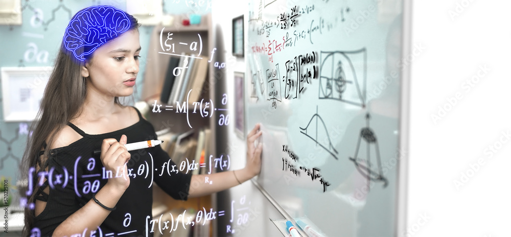 Indian teen student worried write formula think of sums, look on white ...