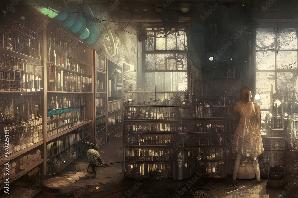 Alchemist lab. A strange and creepy cabinet of curiosities filled with ...