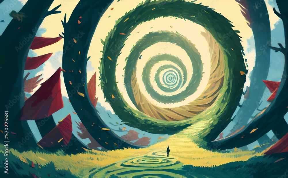 series of intertwined spirals, symbolising the cyclical process of ...