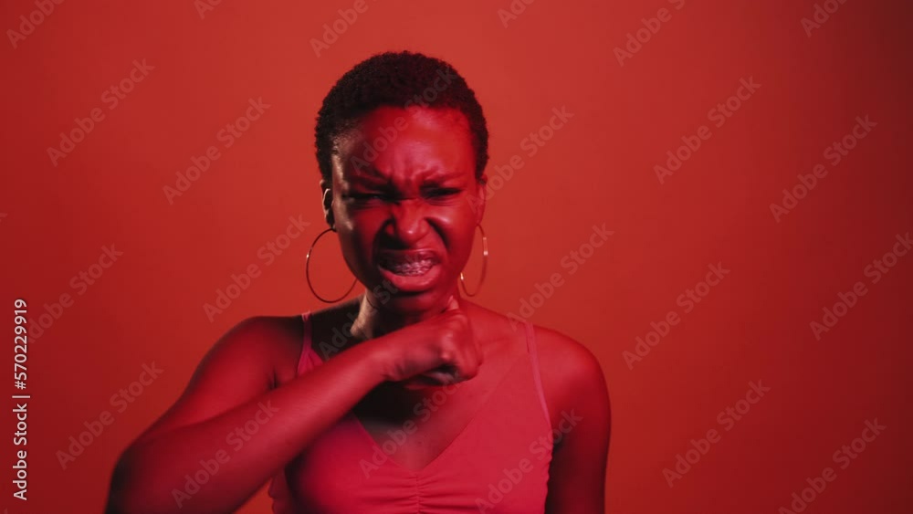 Enough gesture. Stop annoying. Disgusted grimace. Red neon color light ...