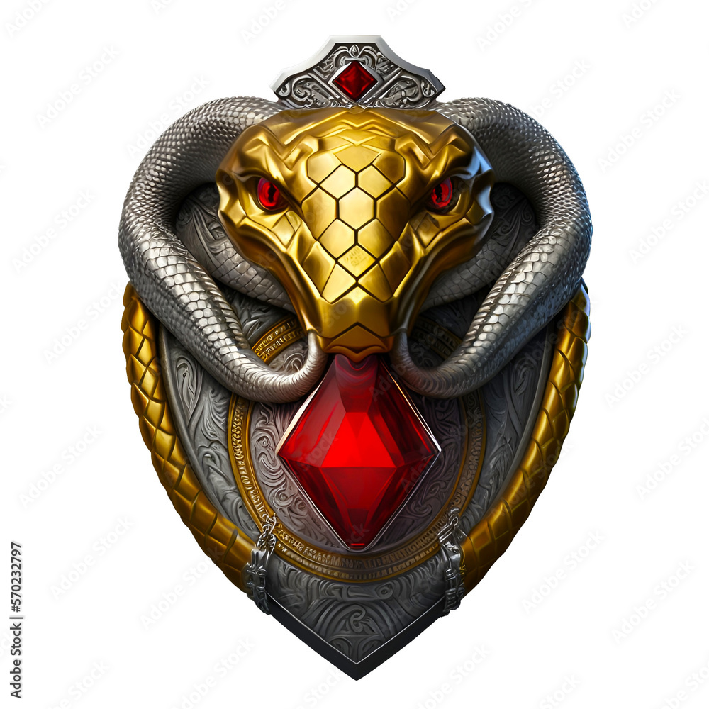 A Silver and gold metal snake head metal emblem. 3D style snake metal ...