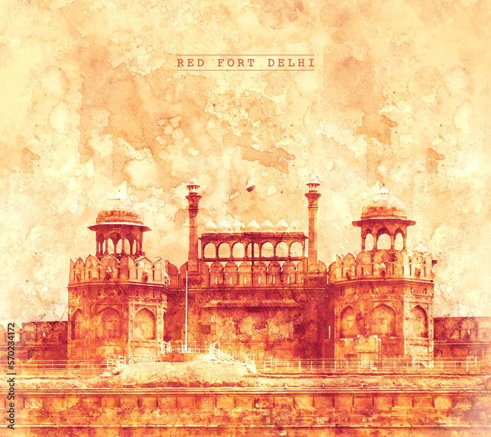 The red fort monument in New Delhi, India, red fort delhi illustration ...