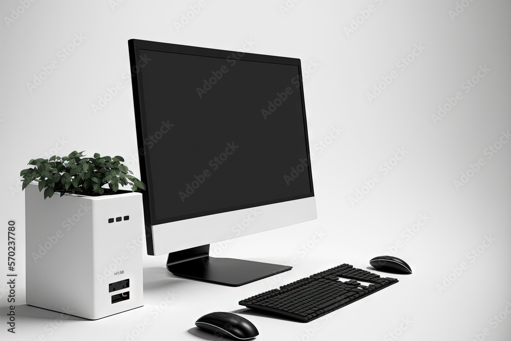 Mockup for a desktop computer with a blank screen, a notepad, a ...