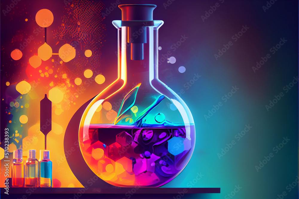 Chemistry science research lab background with a glass flask and vial ...