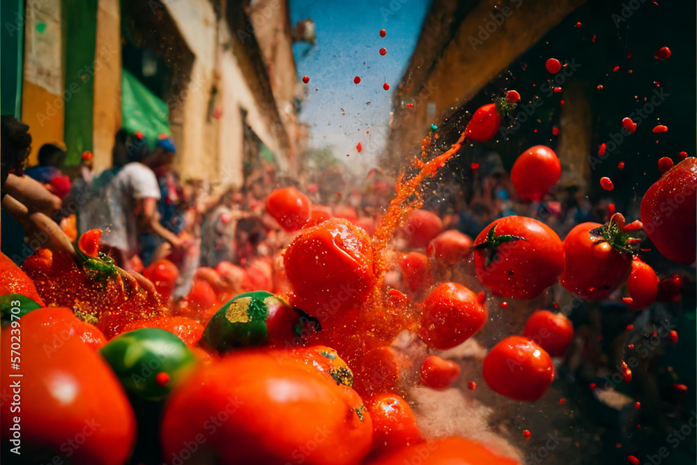 La Tomatina tomato throwing festival in Spain - Generative AI Stock ...