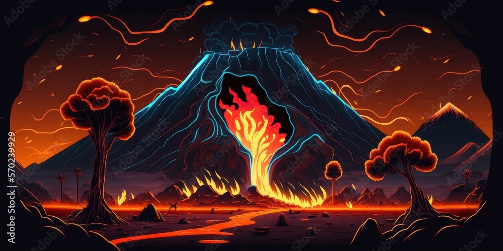 Neon light, exploding volcano, flaming lava. gloomy futuristic ...
