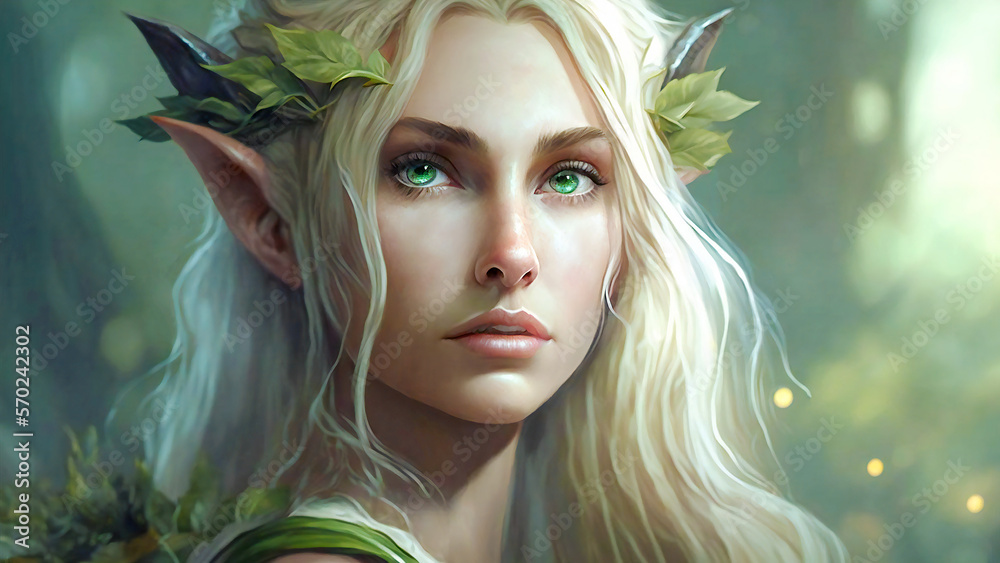 Elf woman, portrait, sacred forest, fantasy world, digital illustration ...