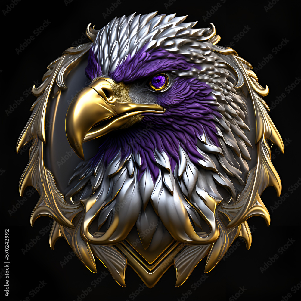 A Silver and gold metal eagle head metal emblem. 3D style eagle metal ...