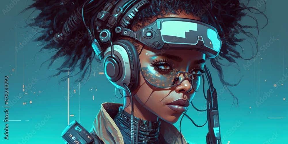 A realistic image of an ebony female decked up in cyberpunk attire ...
