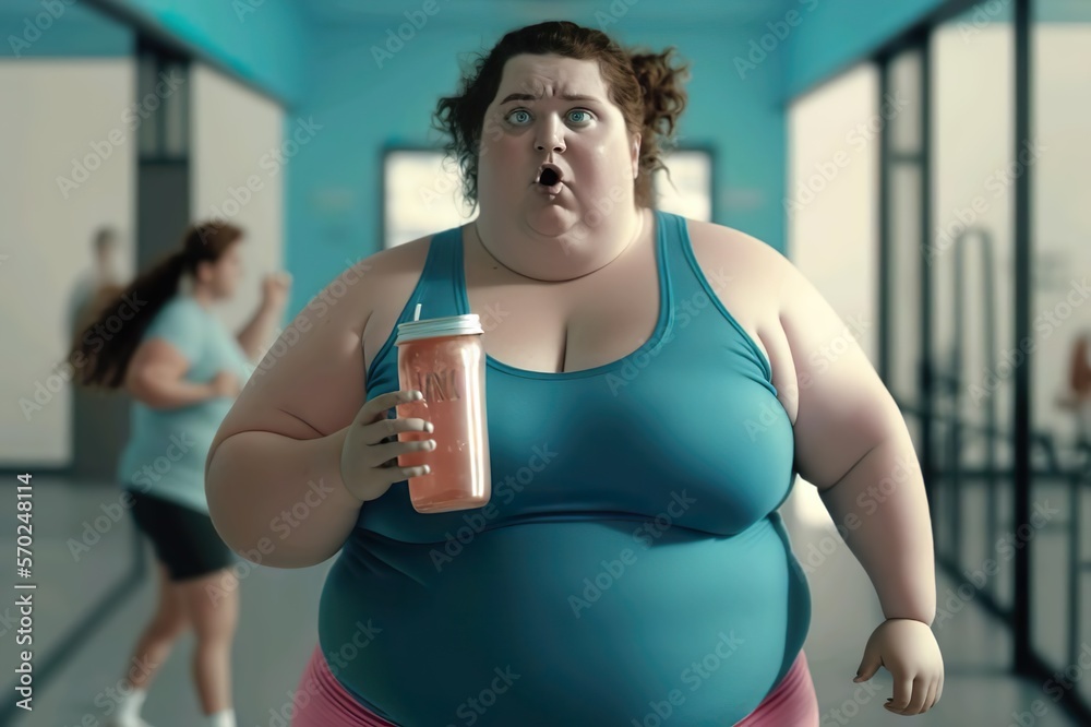 Fat woman in the gym, dressed in a t-shirt, shorts. Drink in hand. ai ...