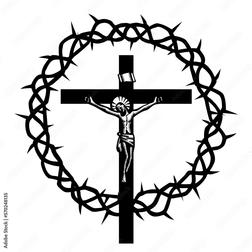 Engraved vintage drawing of a cross with the crucifixion of Jesus Christ in a black silhouette ...