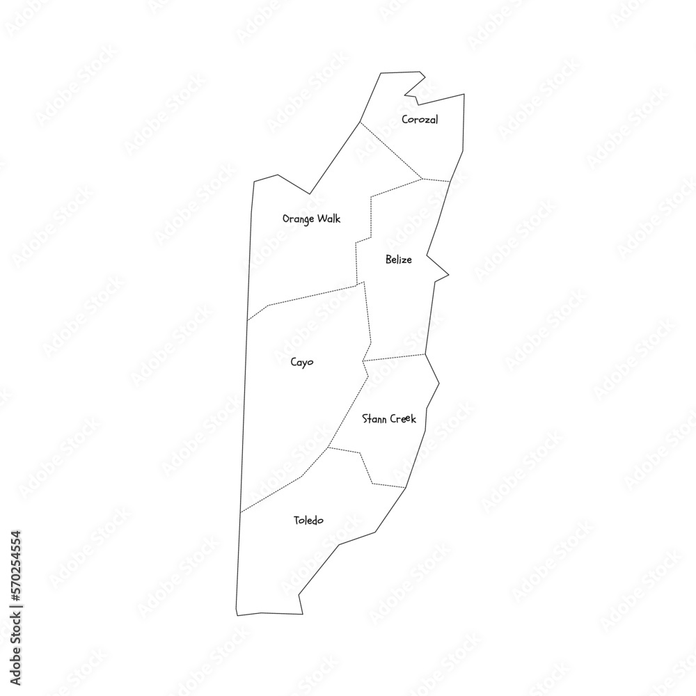 Belize political map of administrative divisions - districts. Handdrawn doodle style map with ...