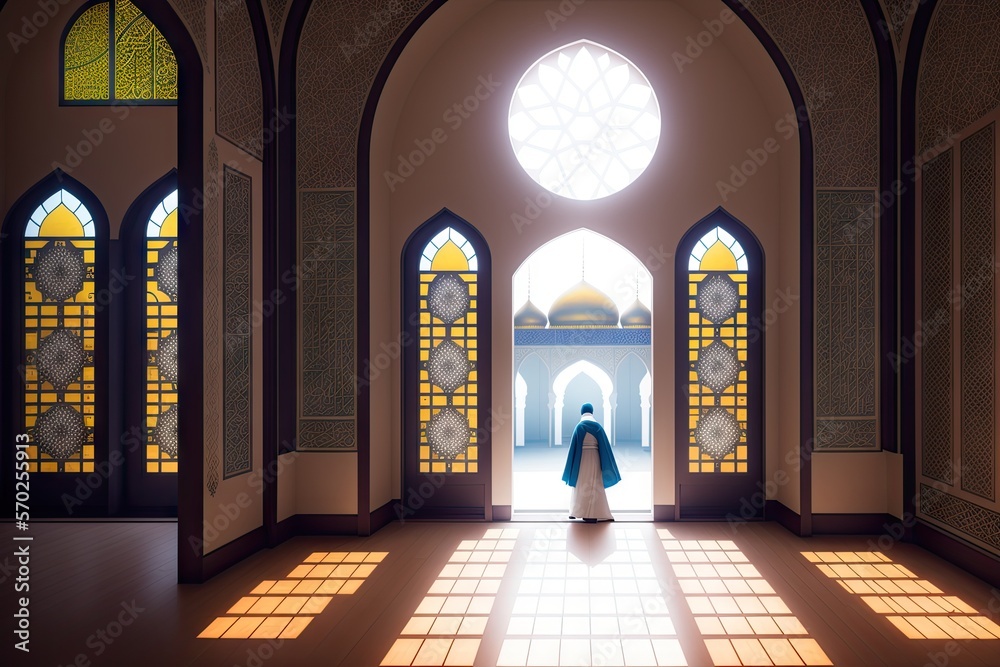 Islamic background painting. Mosque and shadows. Light rays from mosque ...
