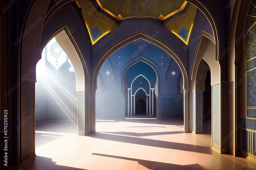 Islamic background painting. Mosque and shadows. Light rays from mosque ...