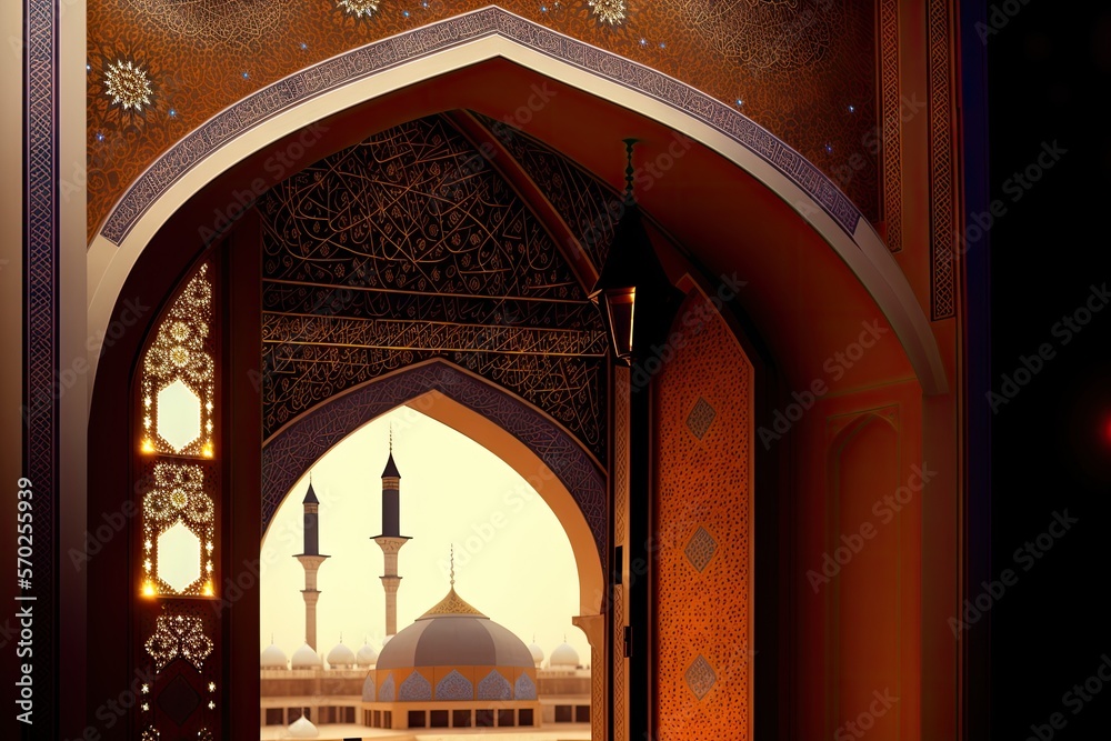Islamic background painting. Mosque and shadows. Light rays from mosque ...
