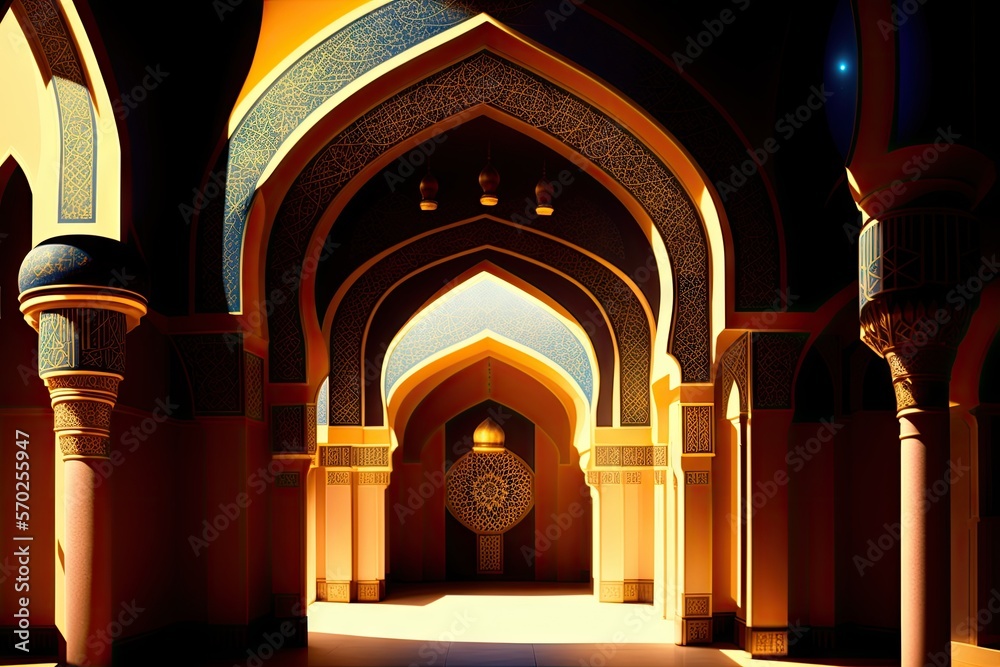 Islamic background painting. Mosque and shadows. Light rays from mosque ...