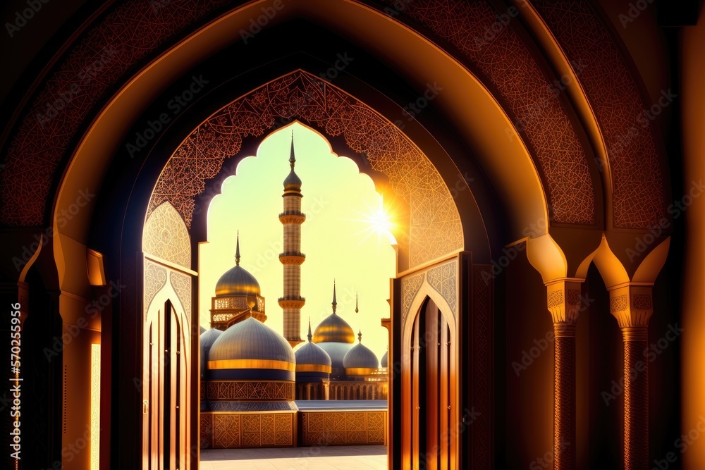 Islamic background painting. Mosque and shadows. Light rays from mosque ...