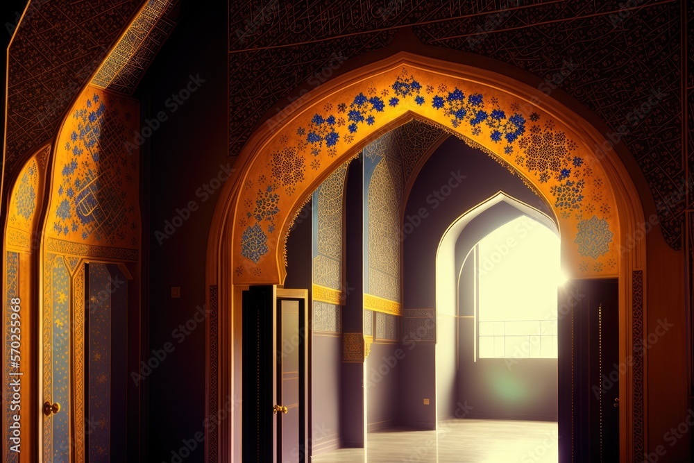 Islamic background painting. Mosque and shadows. Light rays from mosque ...