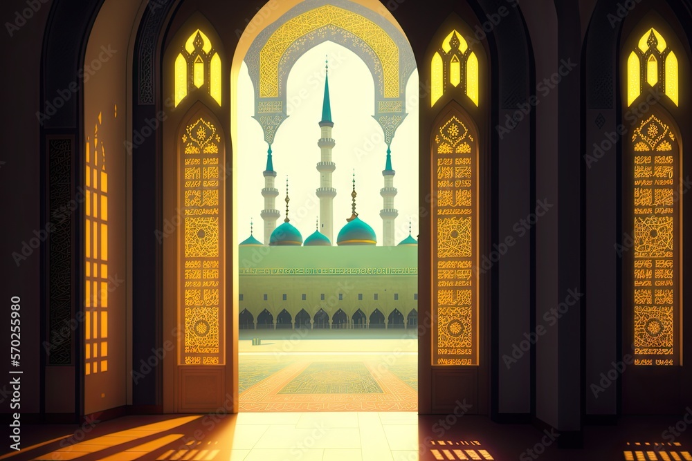 Islamic background painting. Mosque and shadows. Light rays from mosque ...