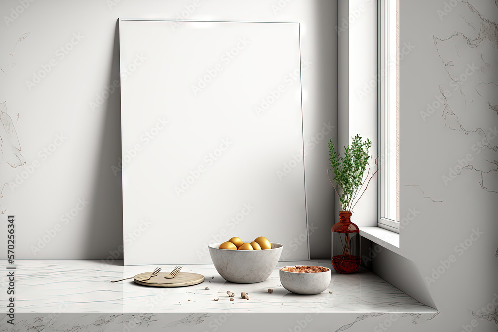 For a mockup product display, a marble table with a window shadow drop ...