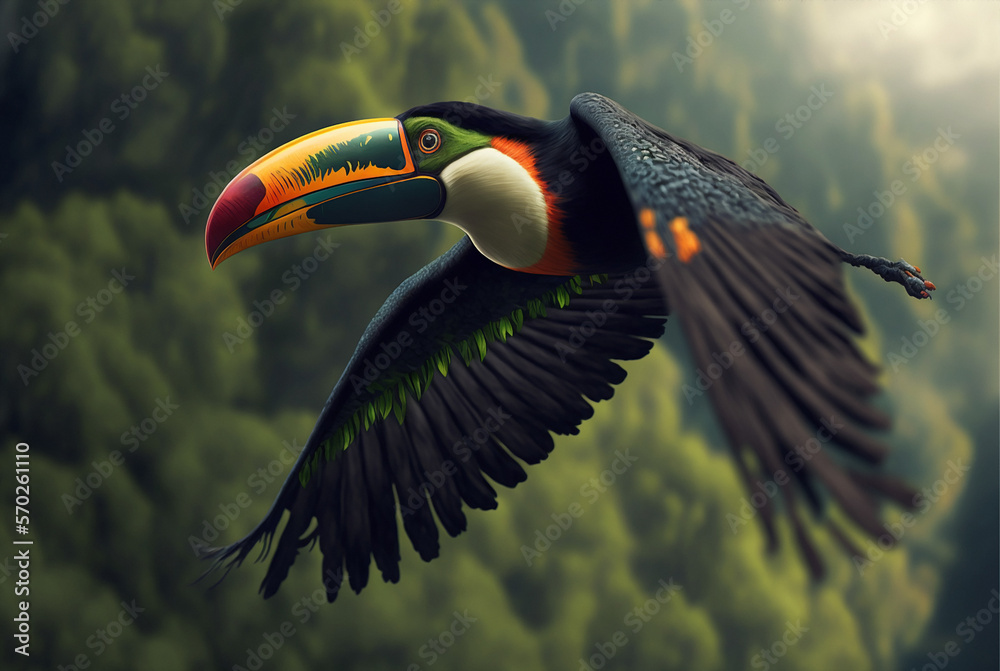 Rainbow toucan in flight illustration with blurred background. ai ...