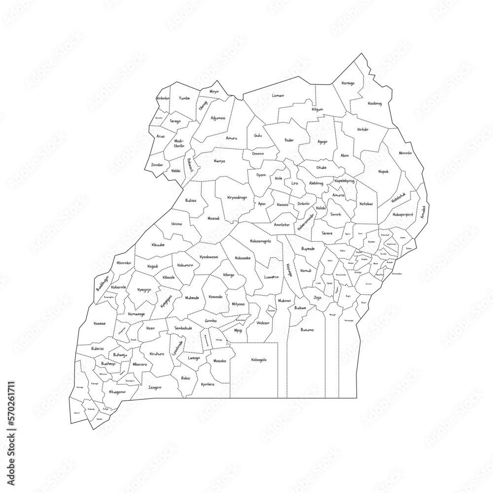 Uganda political map of administrative divisions - districts. Handdrawn ...
