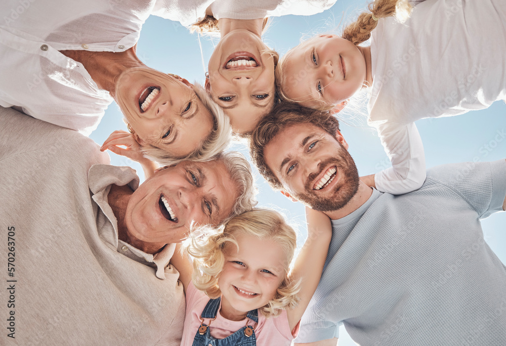 Happy family, huddle and smile below in trust, community or support ...