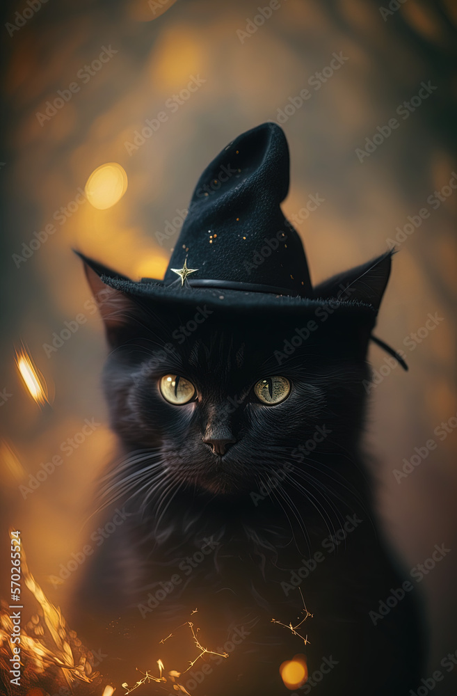 Black cat wearing a tiny witches hat. Generative AI. Stock Illustration ...
