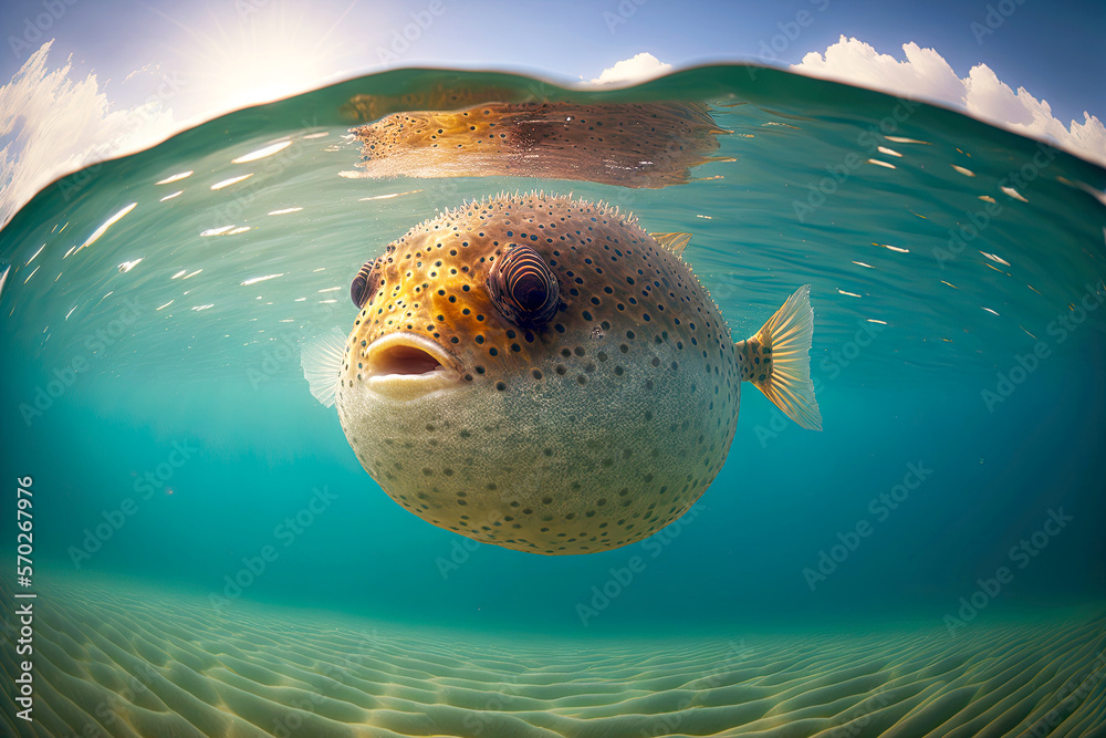 round as ball puffer fish floats in clear water of sea ilustração do ...