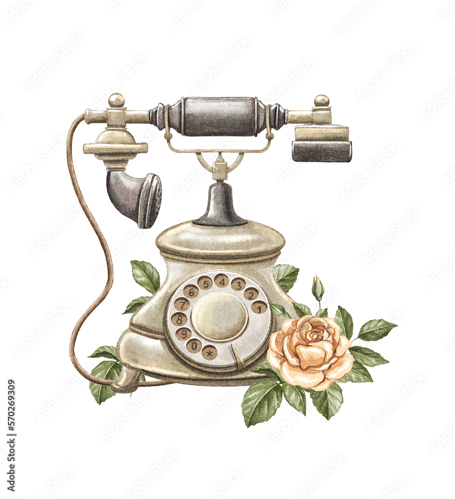 Watercolor vintage antique classic retro telephone with orange flower ...