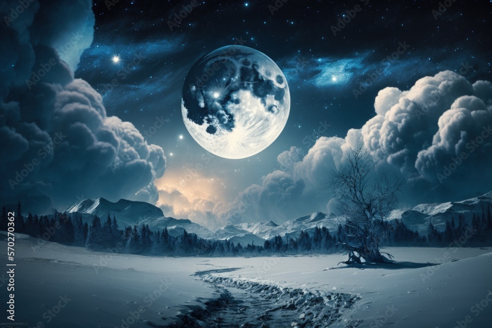 Mystical Background of the night sky with stars, clouds, and the full ...