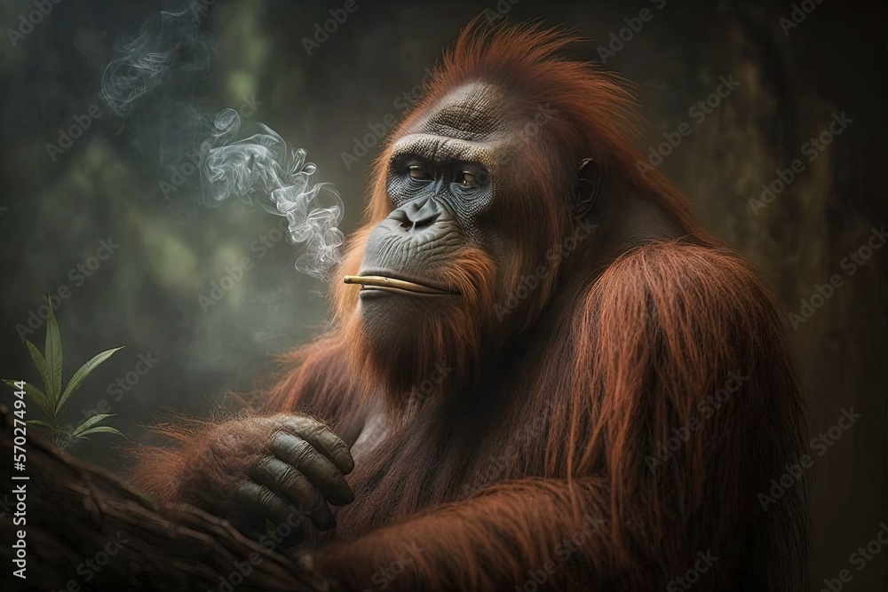 Orang Utan monkey ape Animal smoking ganja weed illustration generative ...