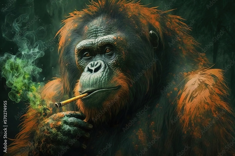 Orang Utan monkey ape Animal smoking ganja weed illustration generative ...