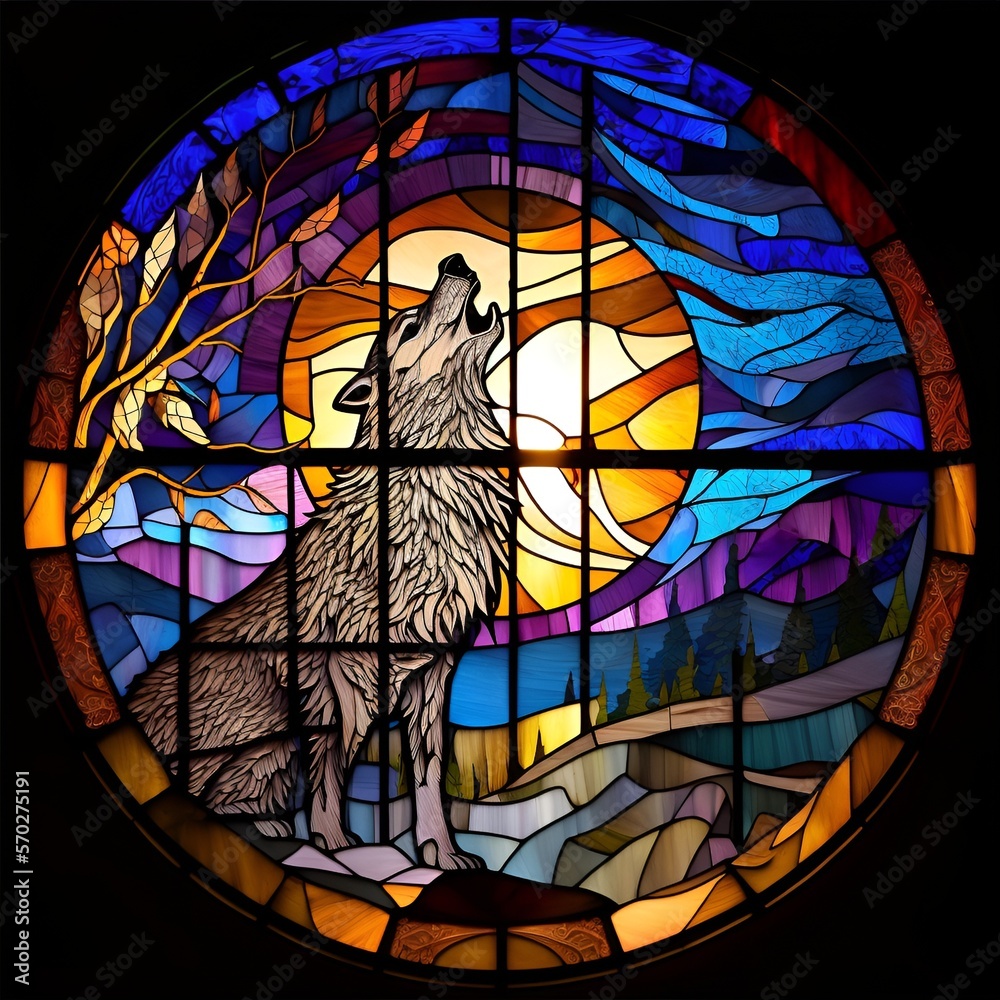 Wolf howling at the full moon in a stained glass window Stock ...